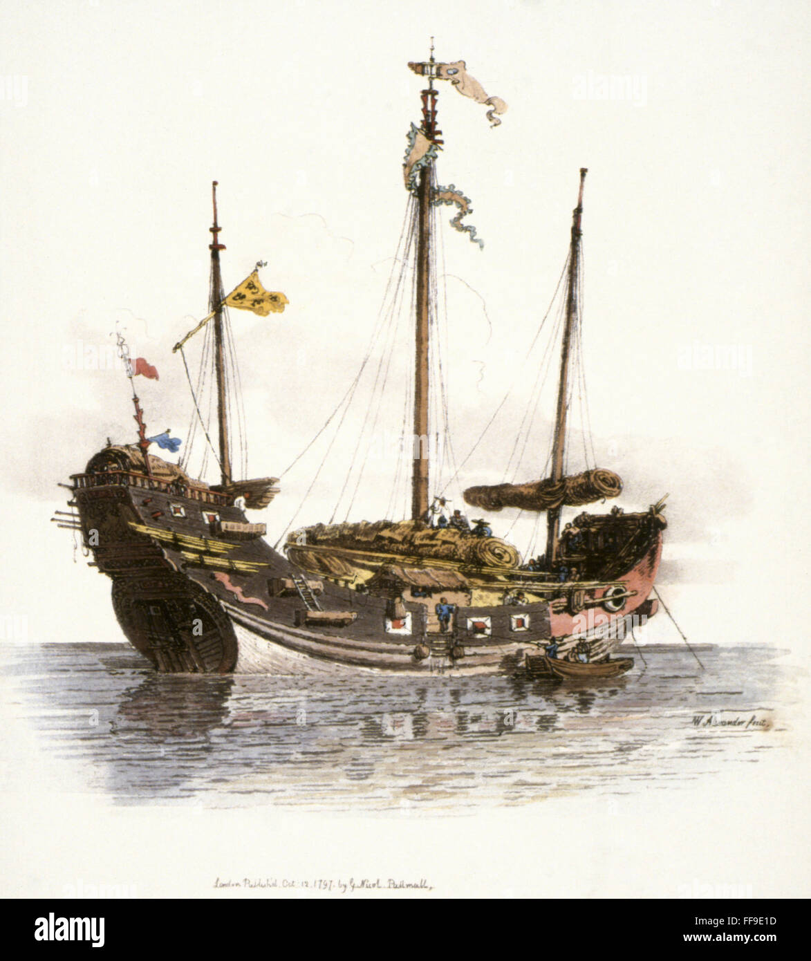 CHINA: TRADING SHIP, 1797. /nA Chinese trading ship. Lithograph after ...