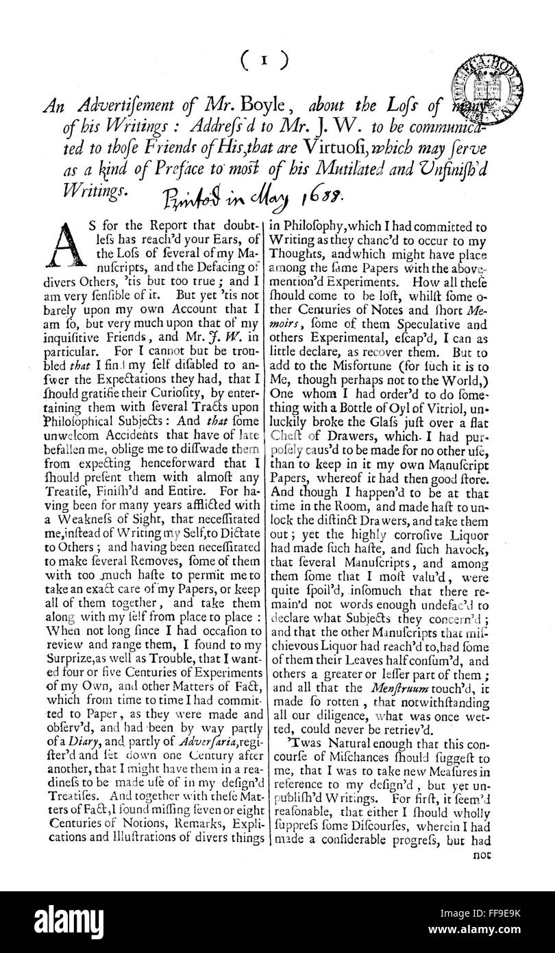ROBERT BOYLE (1627-1691). /nEnglish chemist and physicist. The first ...