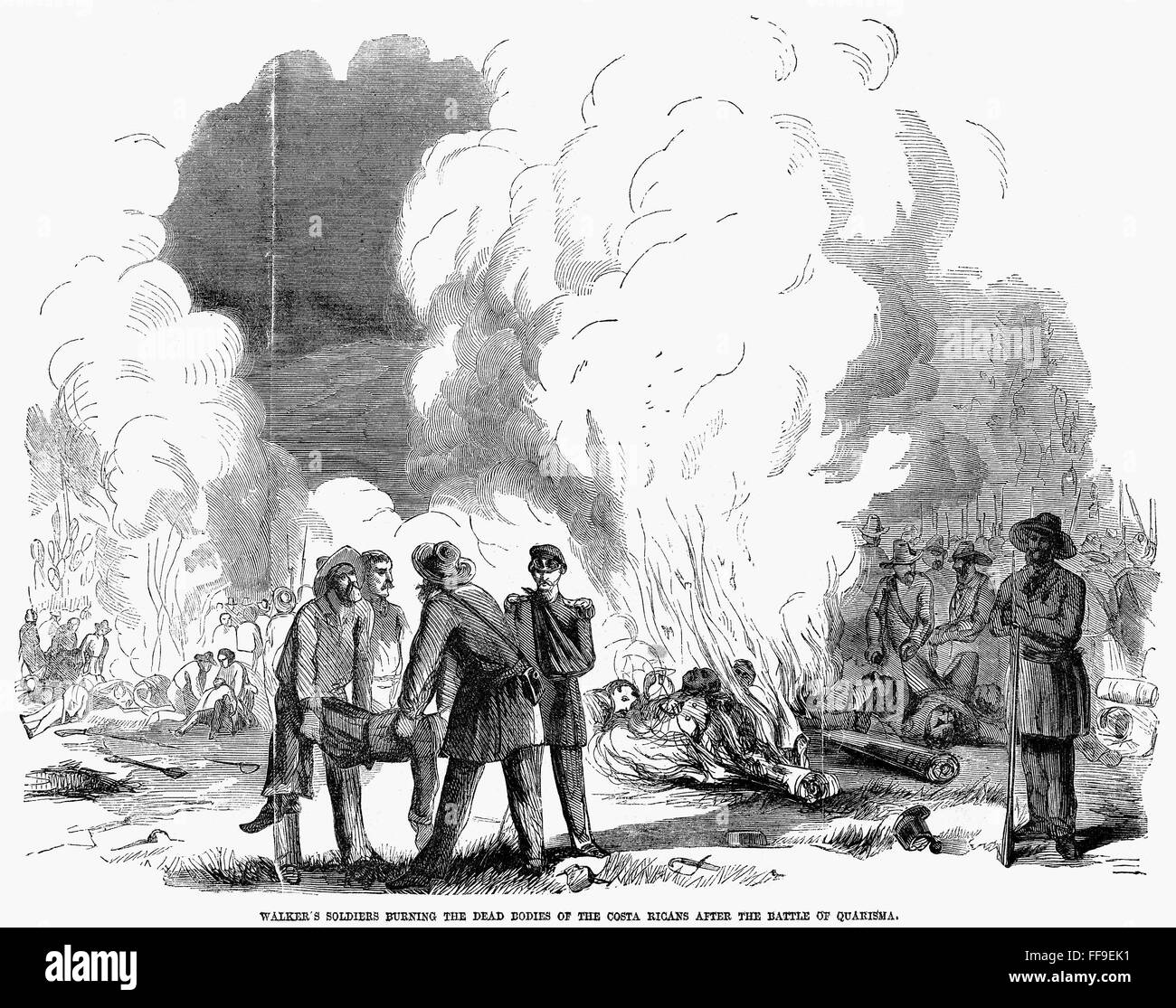 BATTLE OF QUARISMA, 1857. /n'Walker's soldiers burning the dead bodies ...