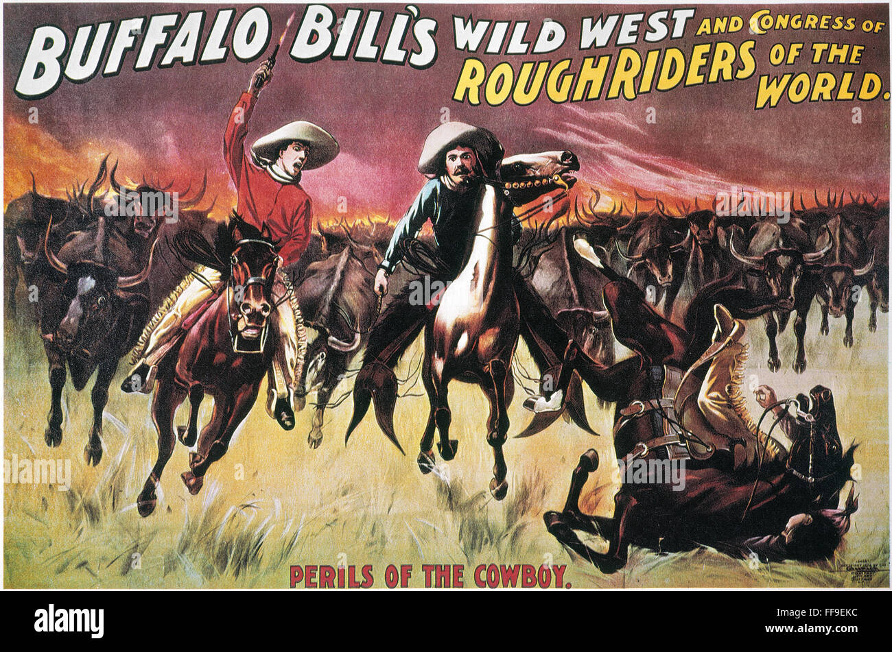 BUFFALO BILL'S SHOW. /n'Perils of the Cowboy.' Lithograph poster for ...