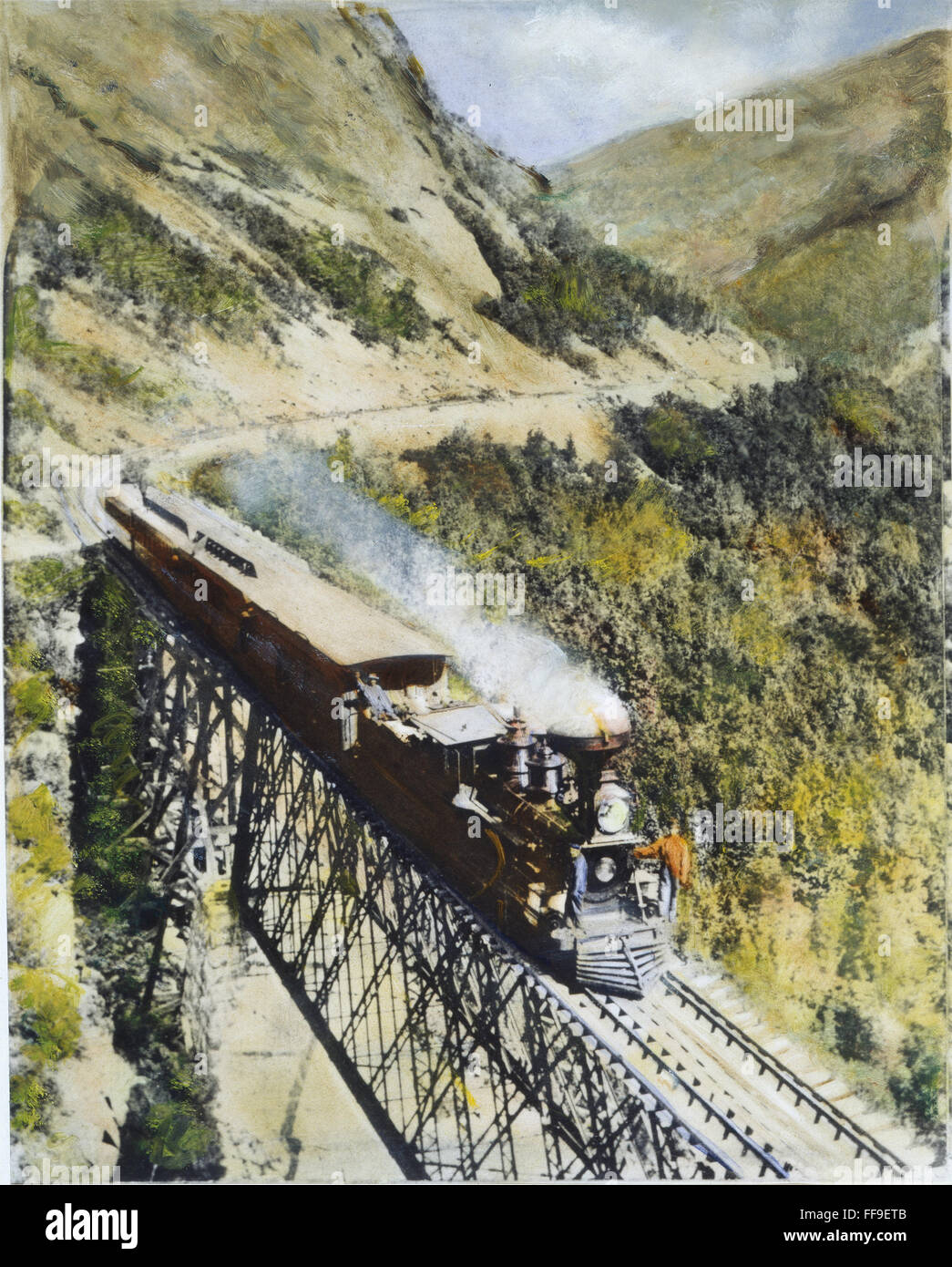RAILROAD BRIDGE, c1870. /nA railroad bridge in the American West: oil ...