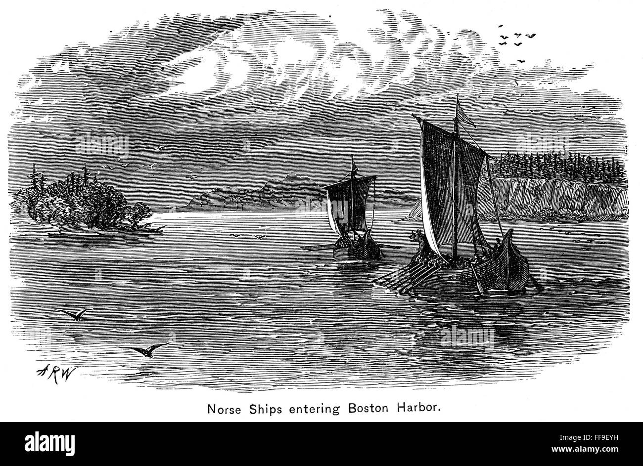 VIKINGS: NORTH AMERICA. /nNorse ships entering Boston Harbor. Wood ...