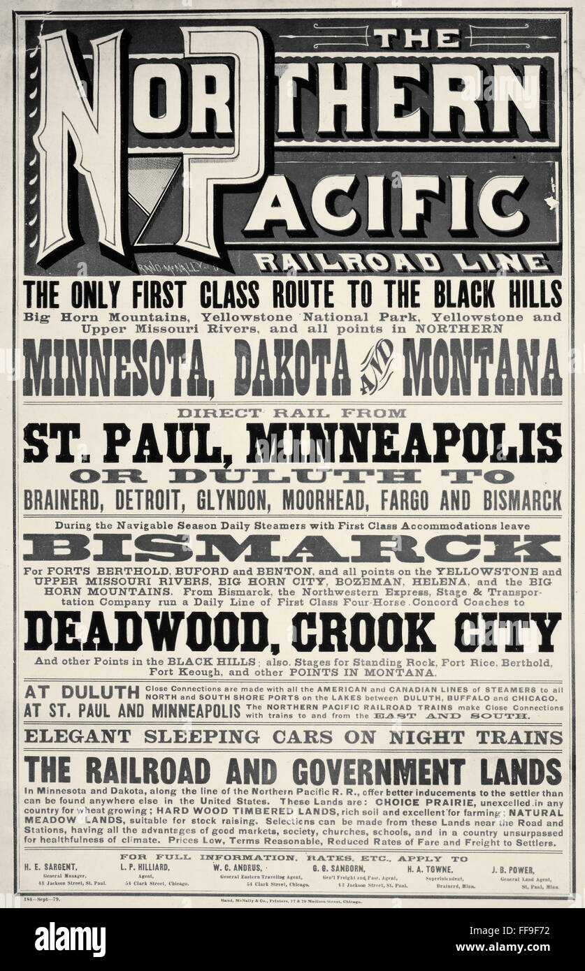 RAILROAD POSTER, 1879. /nA Northern Pacific Railroad poster of 1879 ...