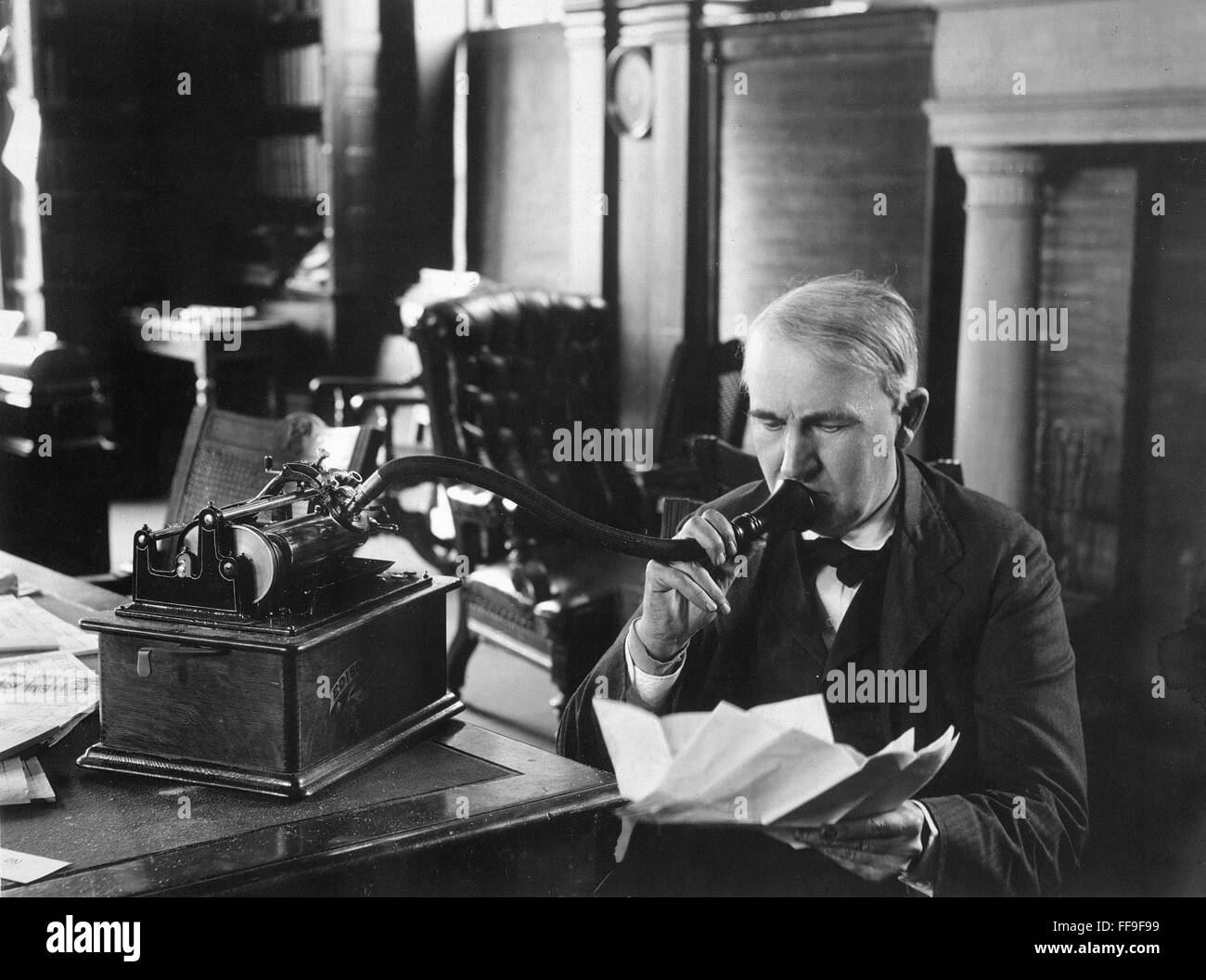 THOMAS EDISON (1847-1931). /nAmerican inventor. Photographed speaking ...