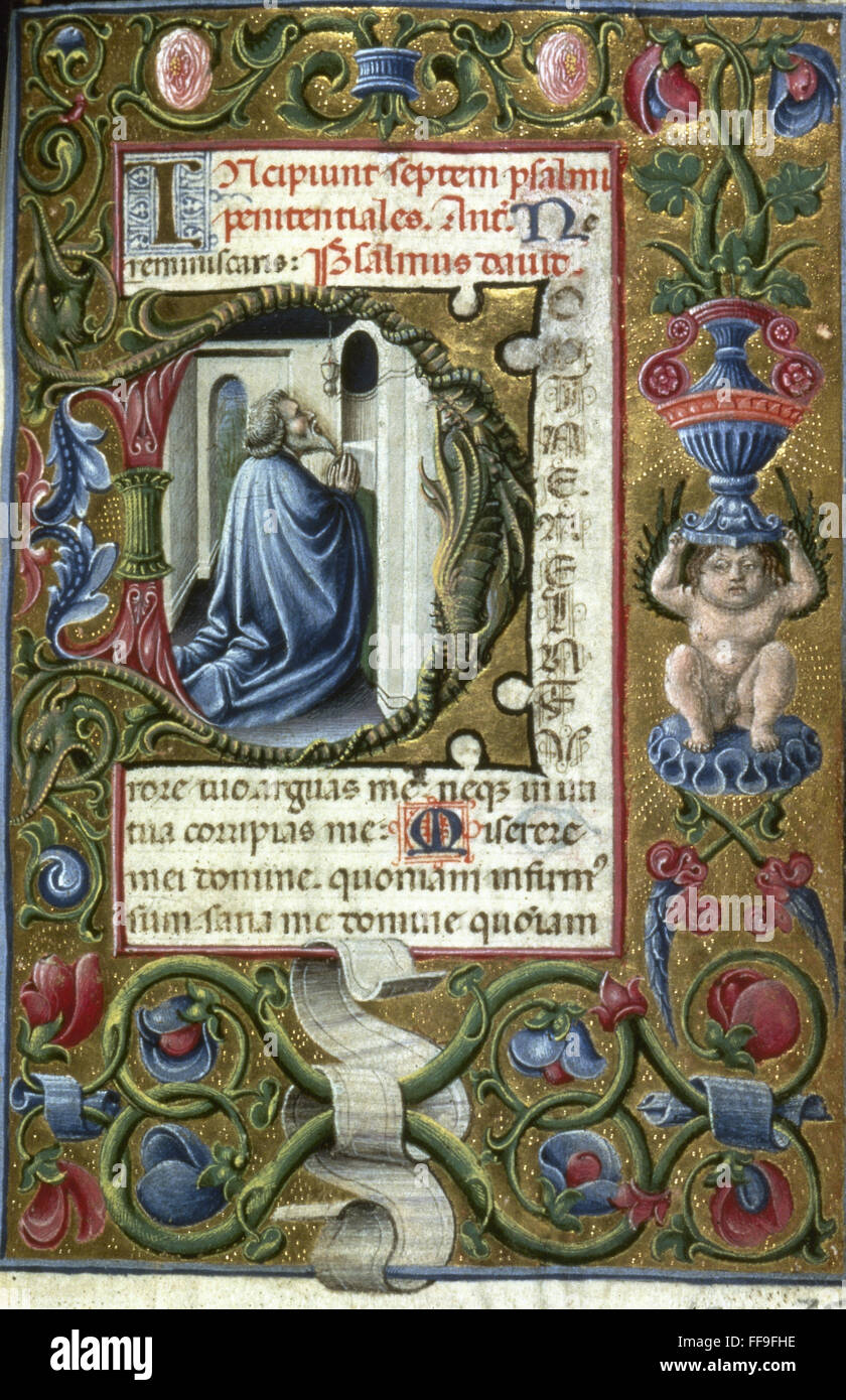 KING DAVID AT PRAYER. /nItalian manuscript illumination, c1480 Stock ...