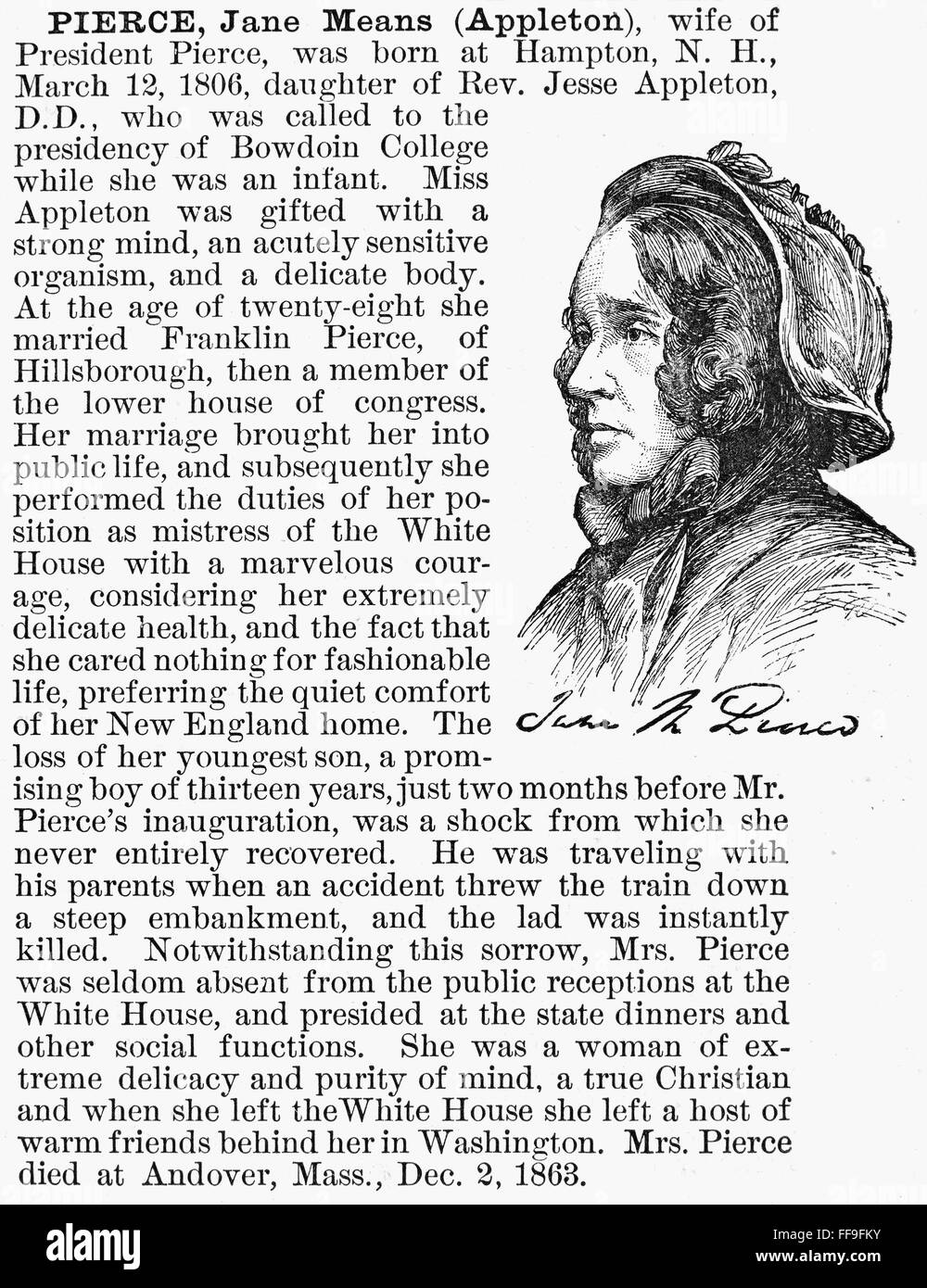 JANE MEANS APPLETON PIERCE /n(1806-1863). Mrs. Franklin Pierce. Line ...