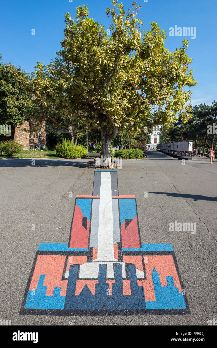 pavement graffiti on promenade in Large Kalemegdan Park in Belgrade ...