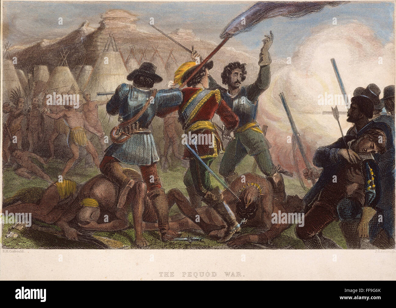 PEQUOT MASSACRE, 1637. /nThe destruction of the Pequots and their fort ...