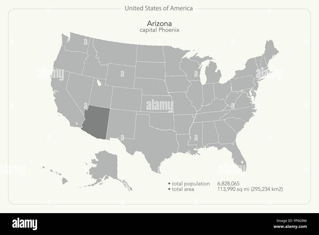 United States of America isolated map and Arizona state territory ...