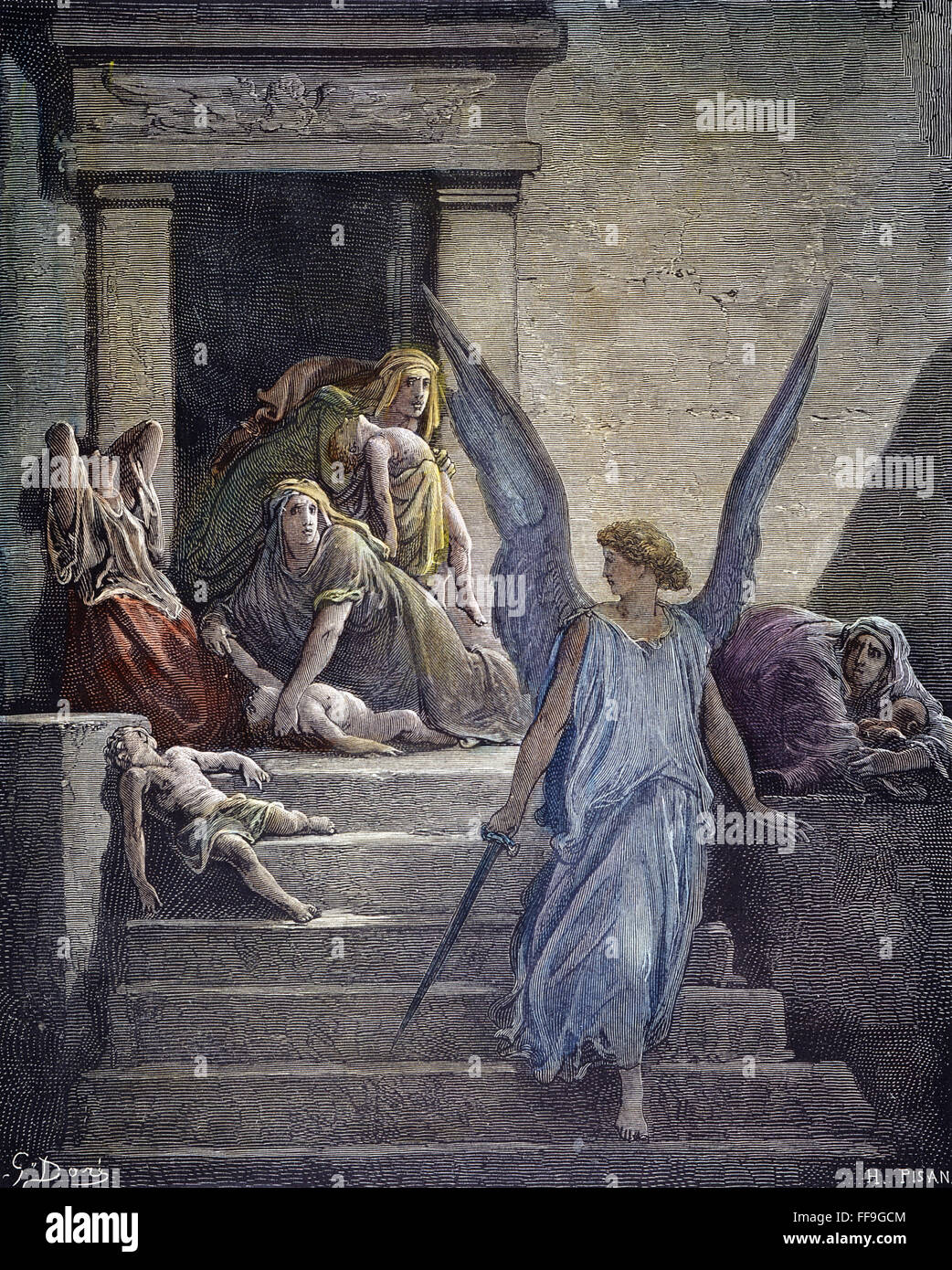 THE FIRSTBORN SLAIN. /n(Exodus 12: 29-30). Wood engraving after Gustave ...