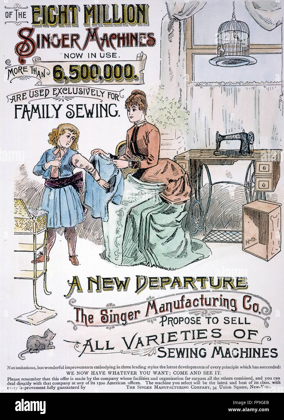 SINGER SEWING MACHINE AD. /nFrom an American magazine of 1890 Stock ...