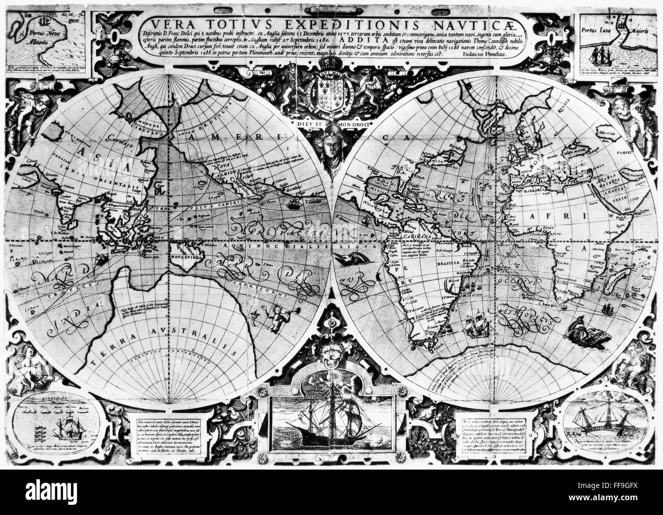 WORLD MAP, 16th CENTURY. /nMap engraved by Jodocus Hondius, perhaps at ...