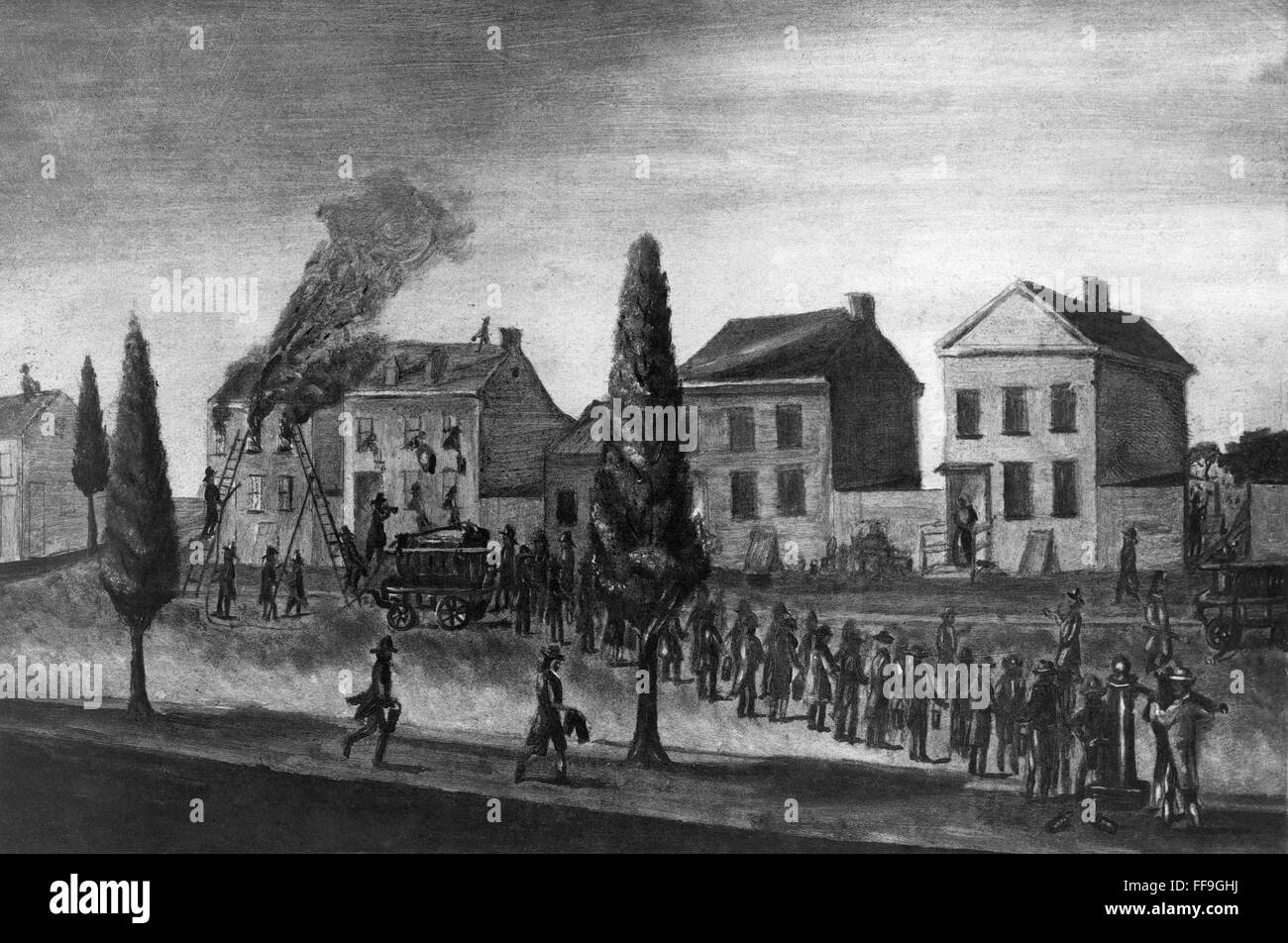 FIREFIGHTING, 1809. /nCitizens supplying a fire engine with water from ...