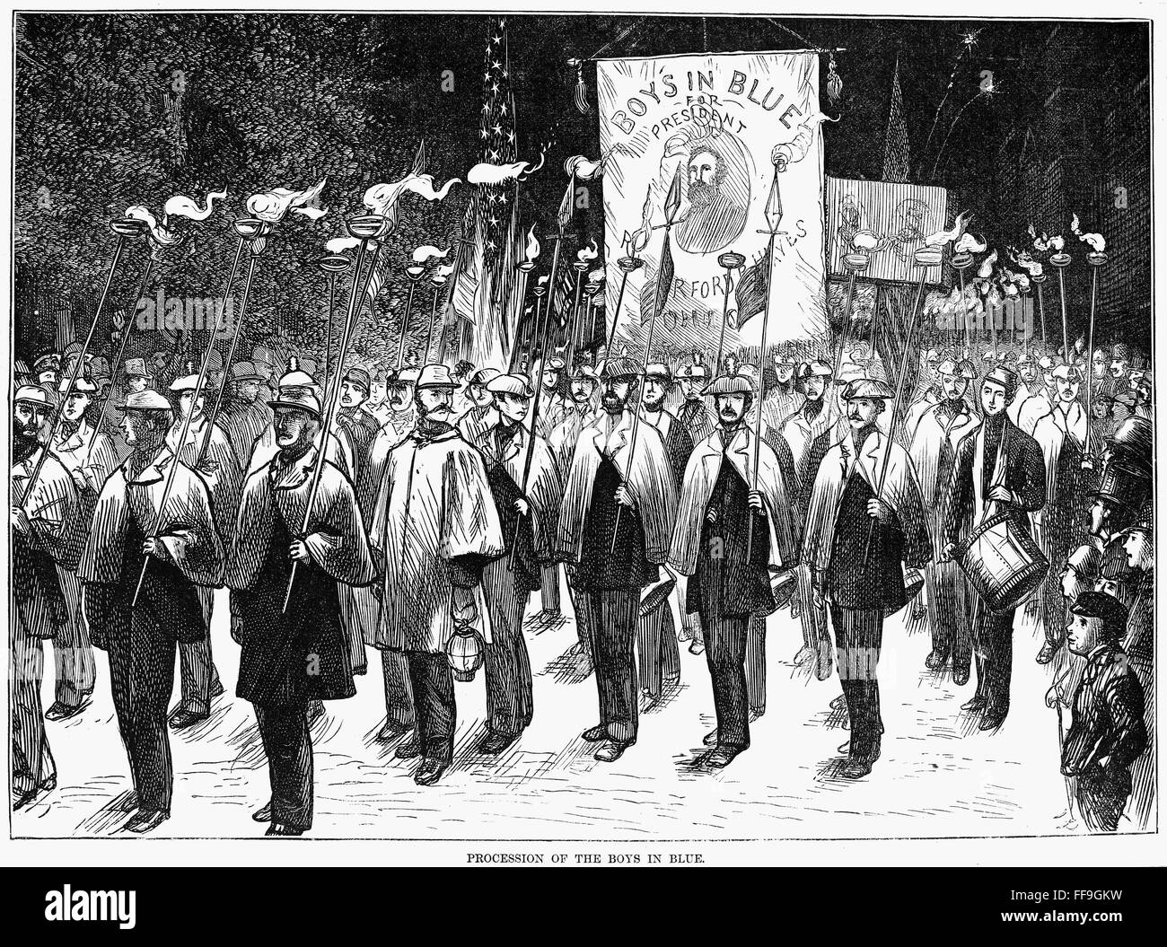 VETERAN MARCH, 1876. /nAmerican Civil War veterans carrying the torch ...