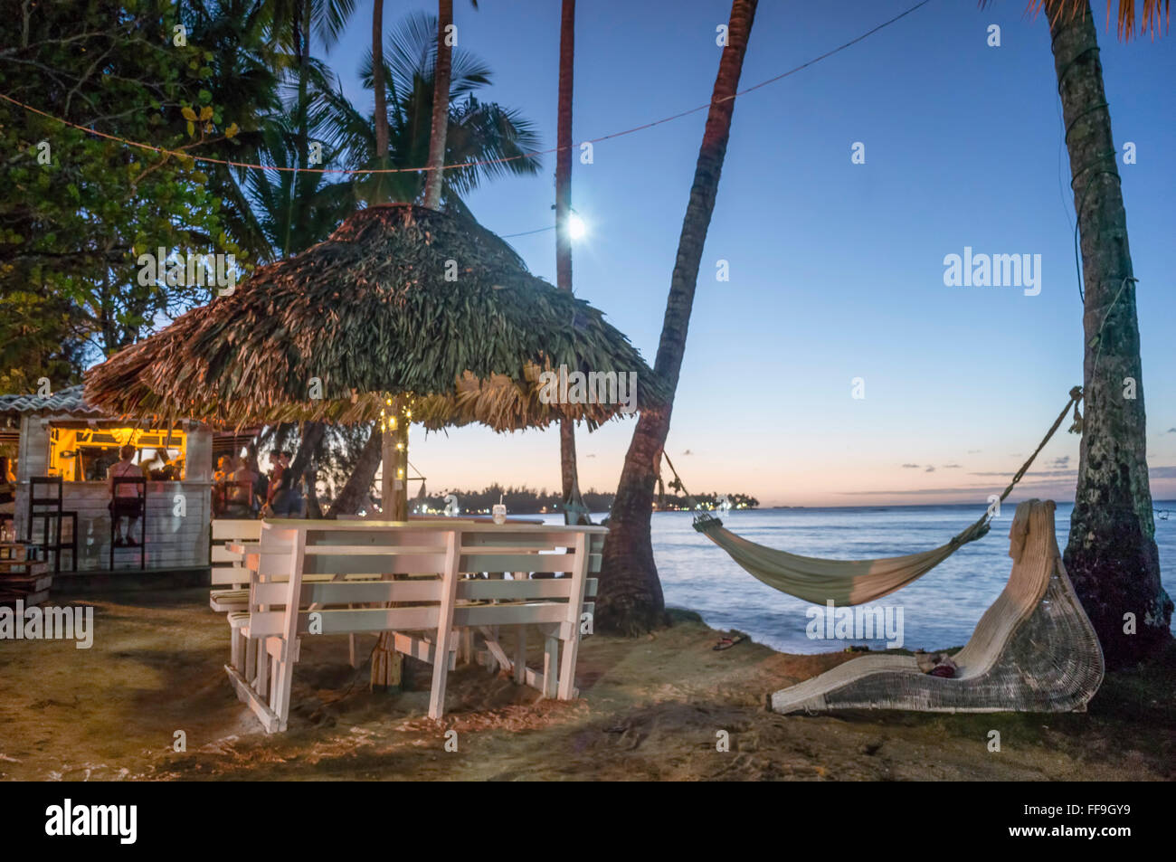 Beach Bar, sunset, hammack, Las Terrenas, Dominican Republic Stock ...