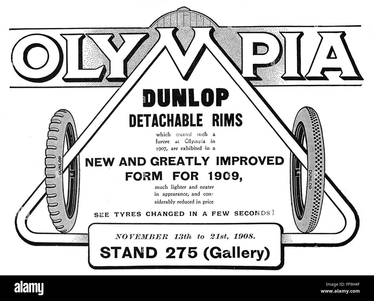 DUNLOP TIRE ADVERT, 1908. /nEnglish newspaper advertisement, 1908 Stock ...