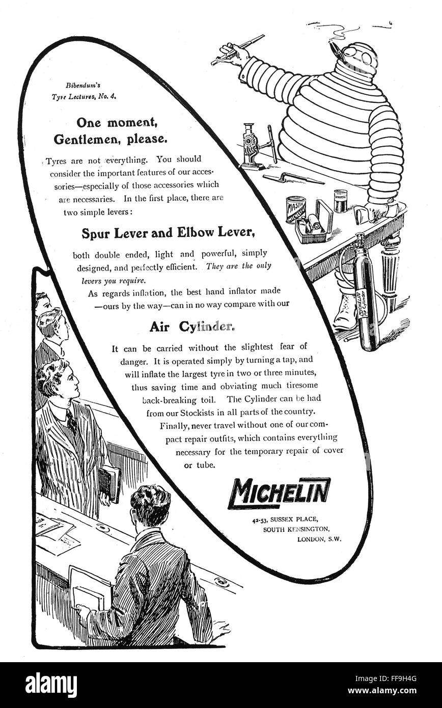 MICHELIN TIRE AD, 1910. /nEnglish newspaper advertisement, 1910 Stock ...