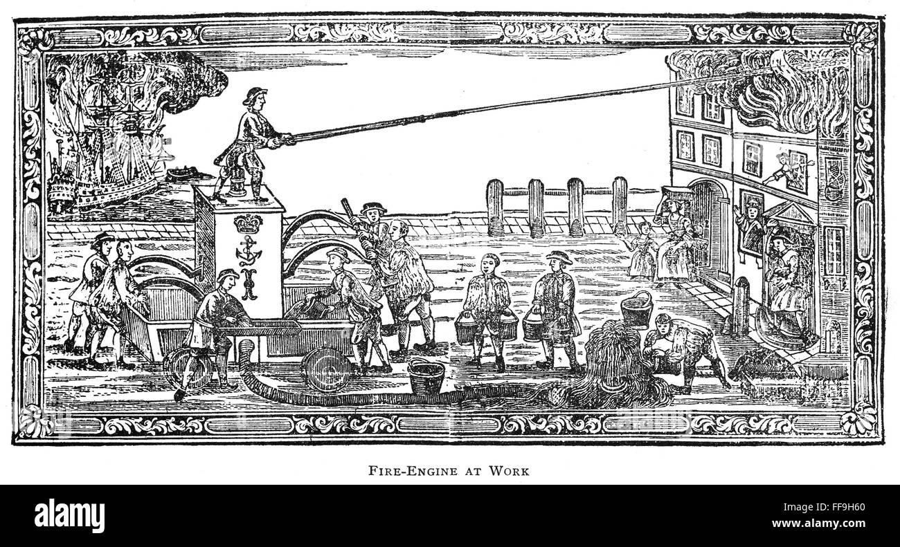 FIRE ENGINE, 1760. /nA colonial American fire engine in operation ...