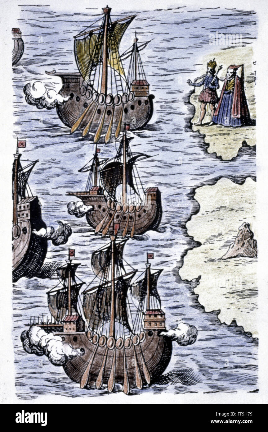 COLUMBUS' SHIPS, 1492. /nThe caravels of Columbus setting sail from ...