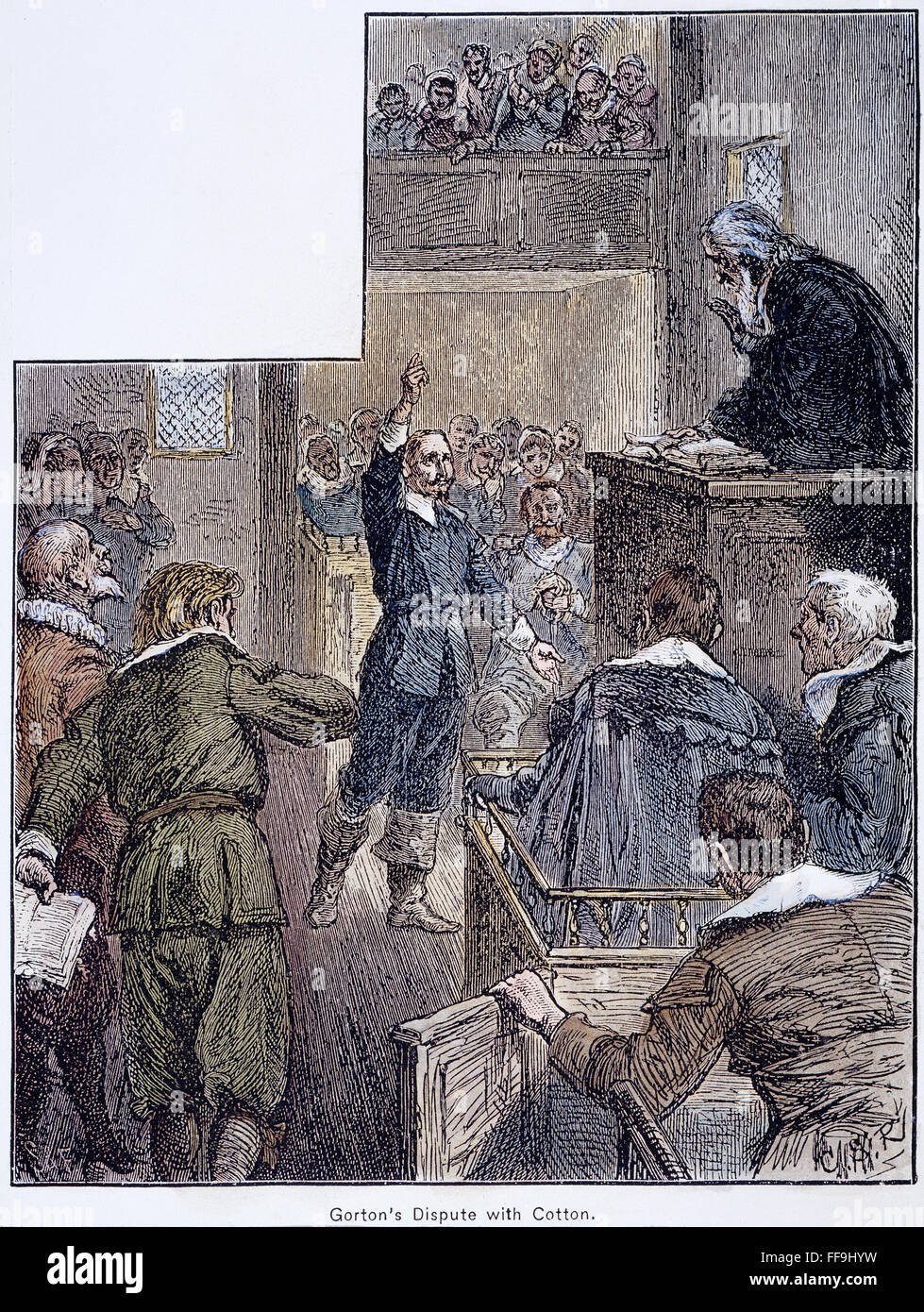 SAMUEL GORTON (1592-1677). /nEnglish religious leader. Gorton disputing ...