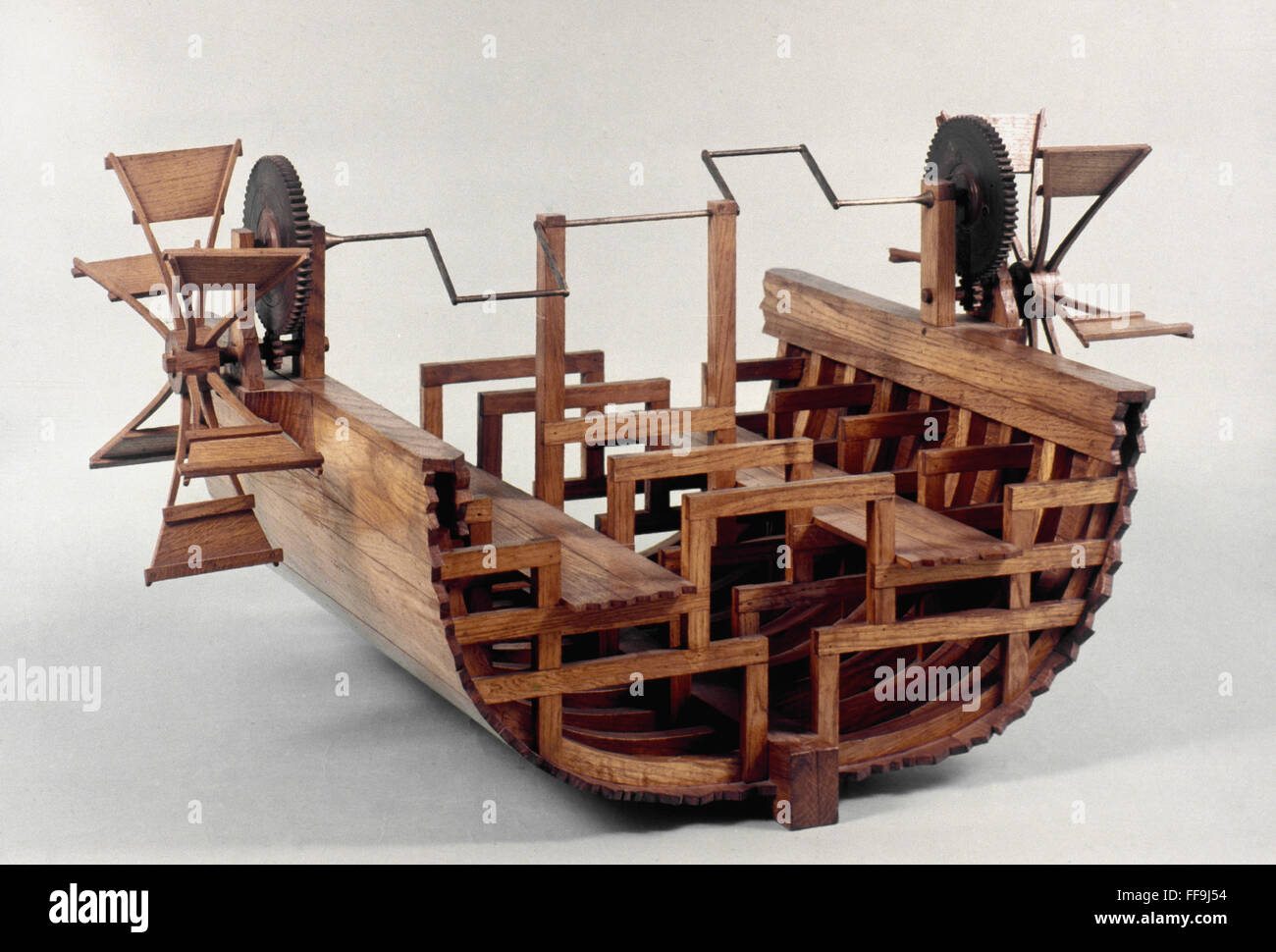 LEONARDO DA VINCI: BOAT. /nModel of a boat with wheel propulsion after ...