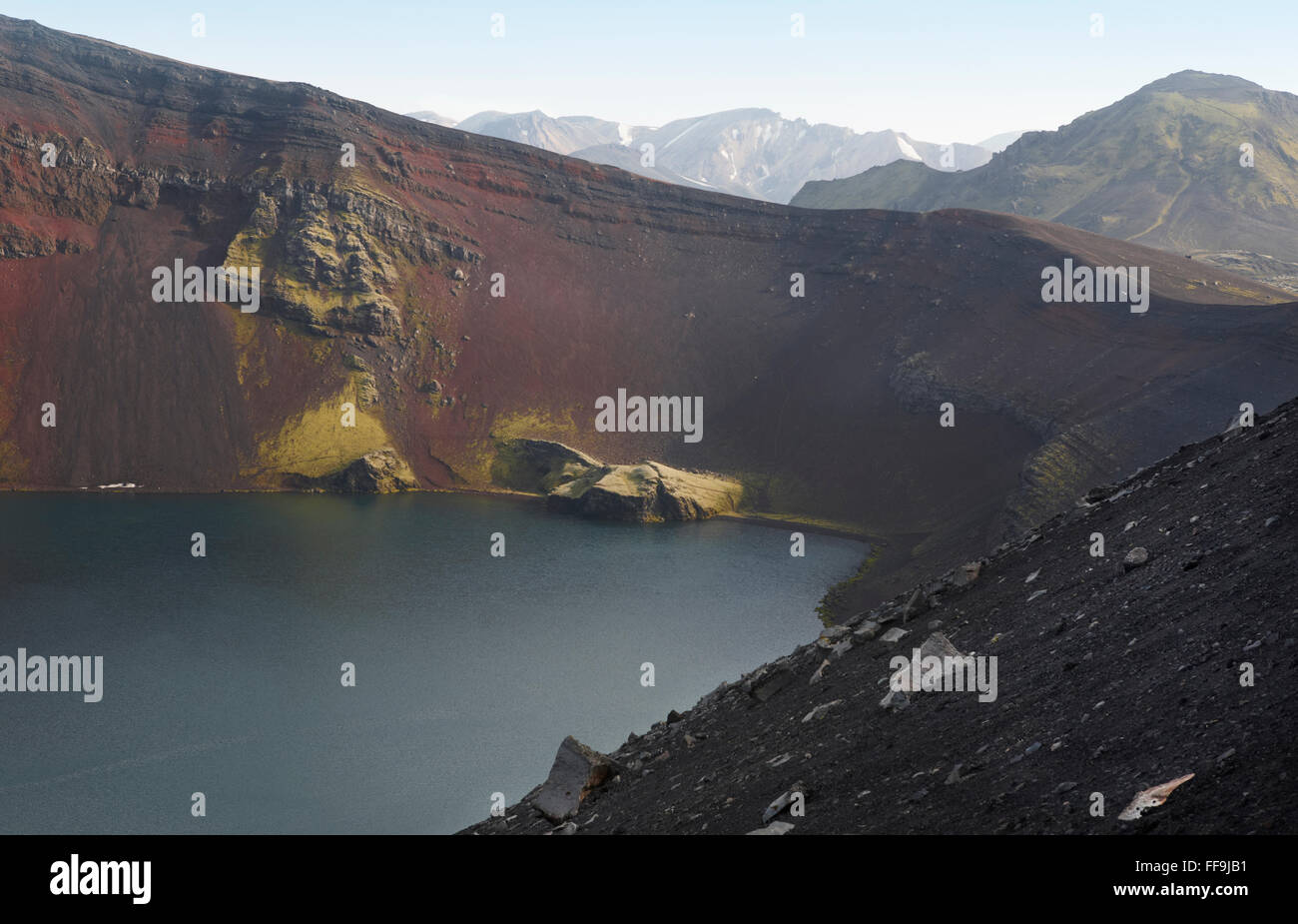 Icelandic volcanic landscape with extinct crater and water Stock Photo ...