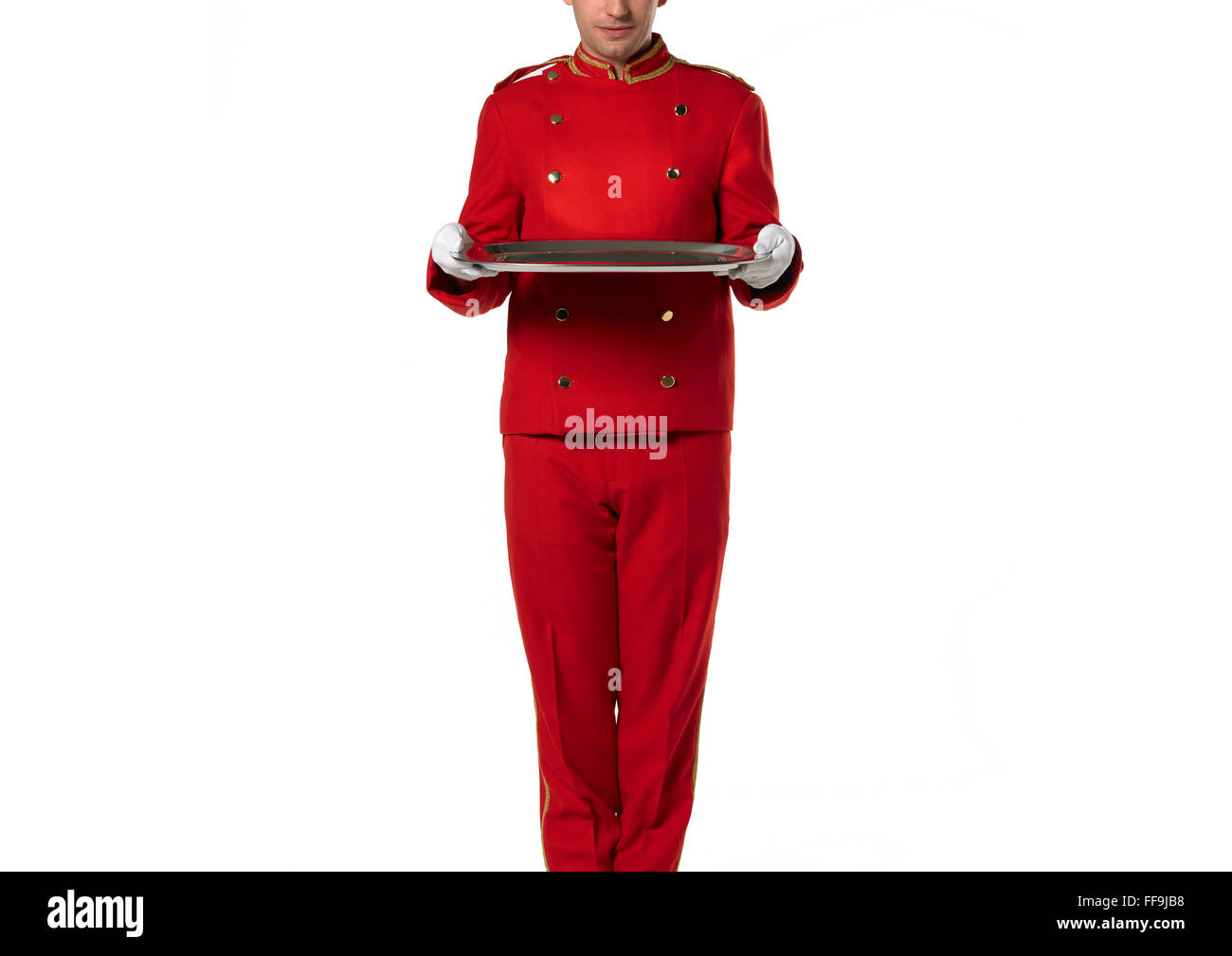 Red suit bellboy with tray isolated on white. Horizontal Stock Photo ...