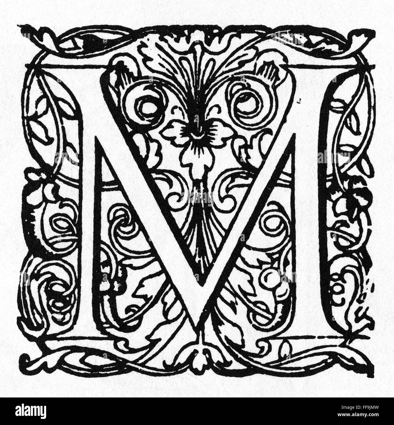 INITIAL 'M', 17th CENTURY. /nA decorative initial 'M' with floral ...