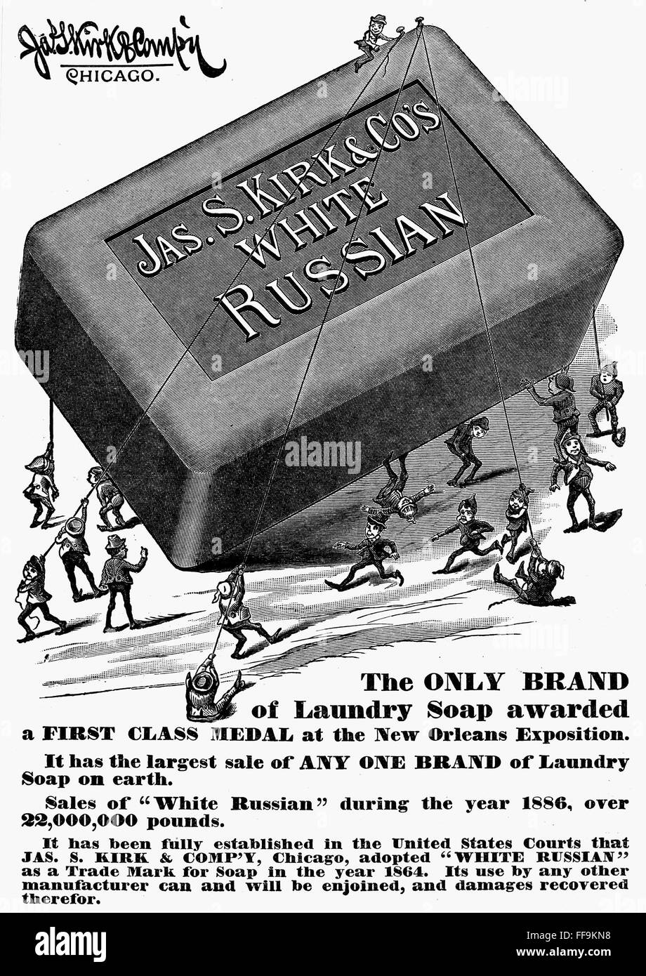 WHITE RUSSIAN SOAP AD, 1887. /nAmerican advertisement for Jas. S. Kirk ...