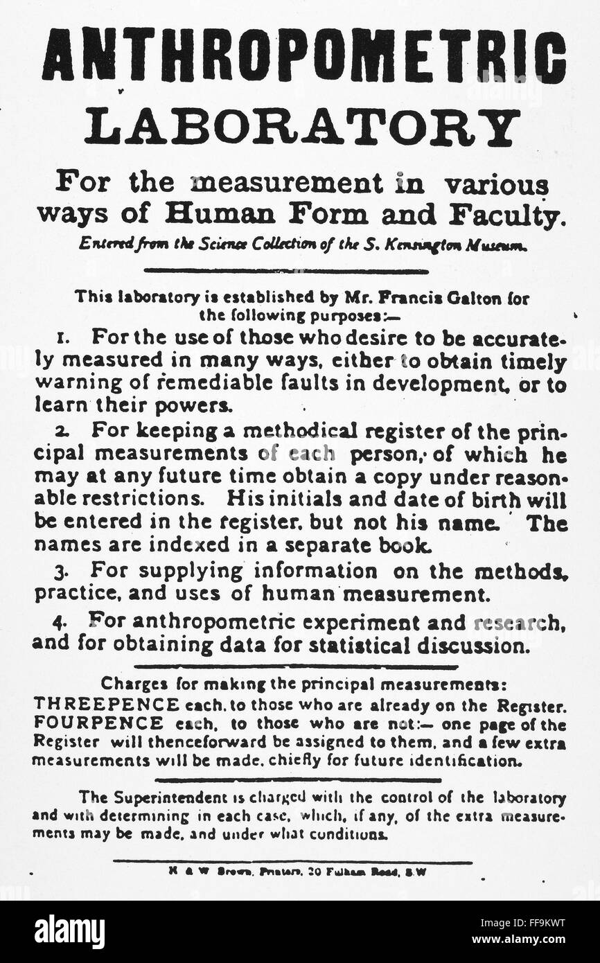 GALTON: LABORATORY, 1884. /nPoster for Sir Francis Galton's ...