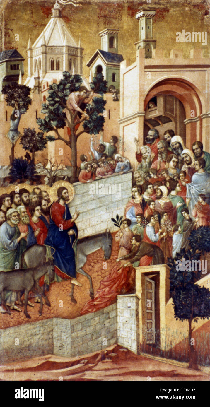 DUCCIO: CHRIST IN JERUSALEM. /nChrist's Entry into Jerusalem. Oil on wood, c1308-1311, by Duccio ...