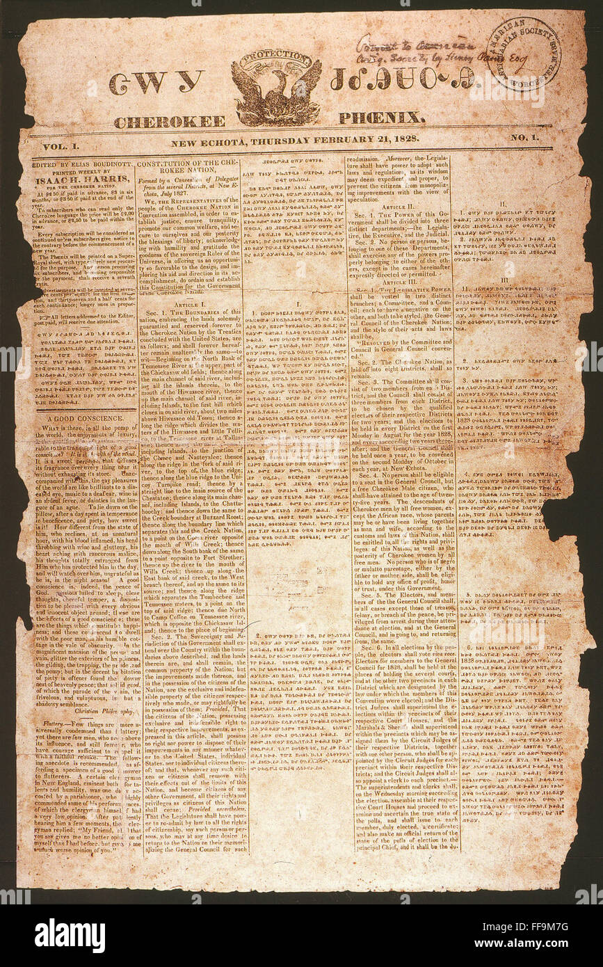 CHEROKEE PHOENIX, 1828. /nFront page of the first edition, 21 February ...