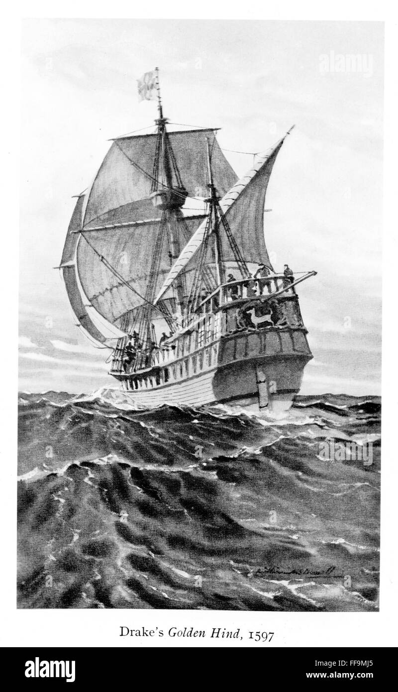 FRANCIS DRAKE (1540?-1596). /nEnglish naval commander. Drake's ship ...