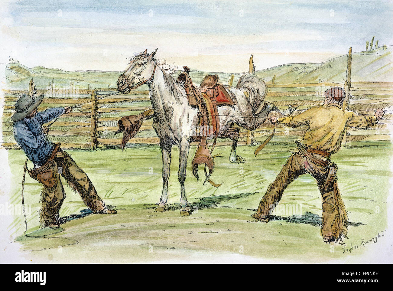 BRONCO BUSTERS /nsaddling: wood engraving, 1888, after a drawing by ...