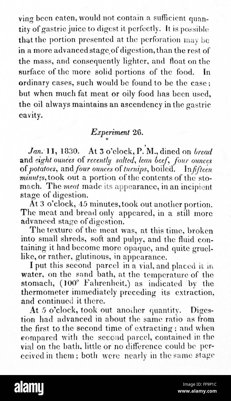 WILLIAM BEAUMONT /n(1785-1853). American surgeon. Page from the first ...