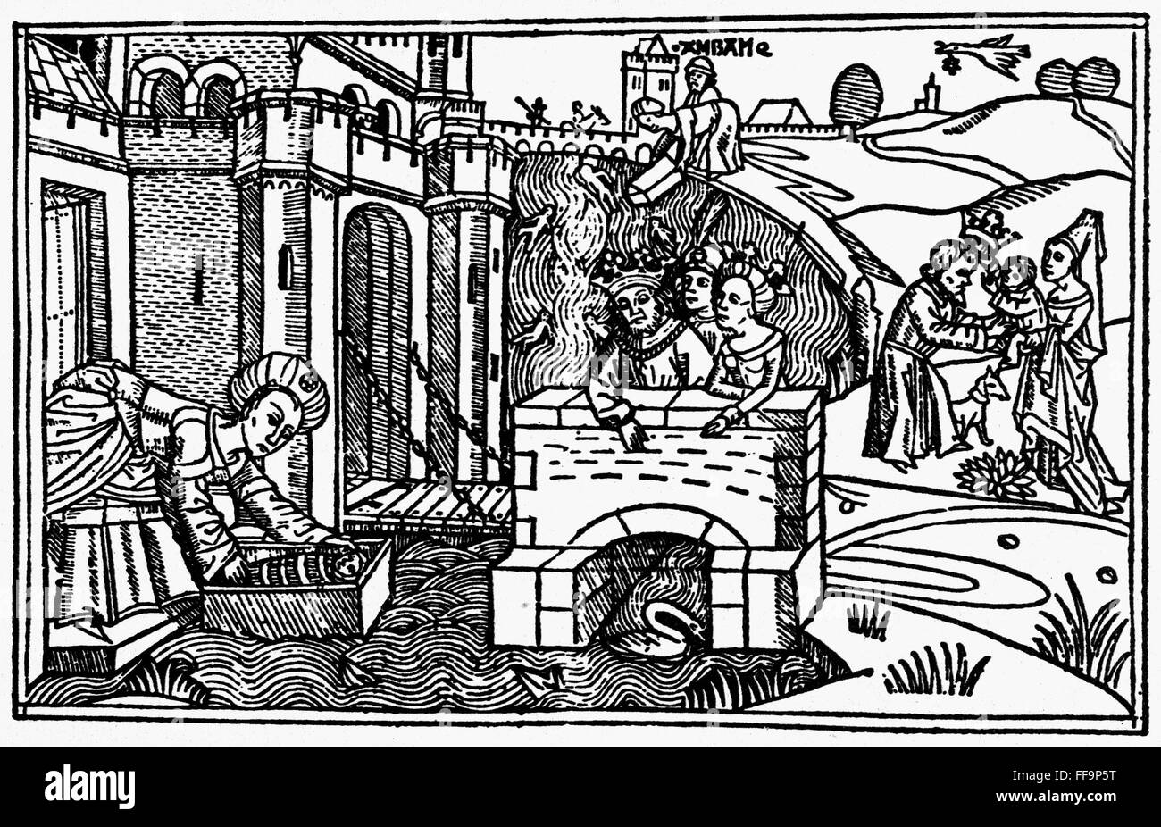 YOHEVET HIDING MOSES. /nYohevet places her infant, Moses, into an ark ...