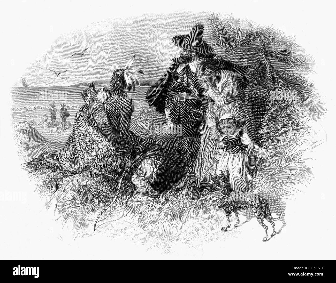 PILGRIMS & NATIVE AMERICAN. /nPilgrims and a Native American at ...
