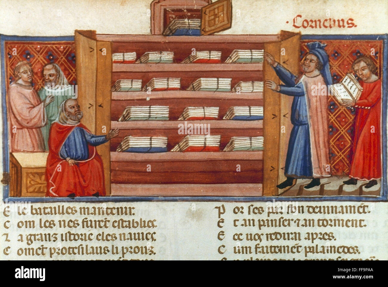 MEDIEVAL LIBRARY, 14th C. /nMonks, teachers and a student in a library ...