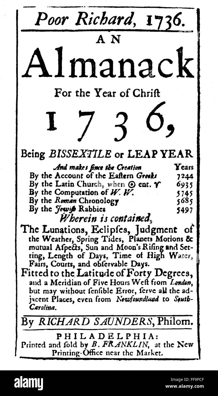 POOR RICHARD'S ALMANAC. /nTitle page of the 1736 edition of 'Poor ...