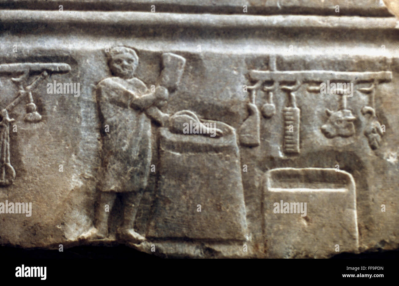 A ROMAN BUTCHER'S SHOP. /nBas-relief, 4th century A.D., from Ostia ...