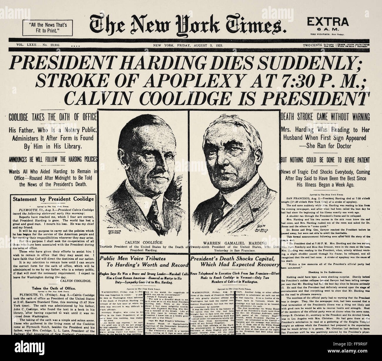 DEATH OF WARREN HARDING. /nFront page of the New York Times, 3 August ...