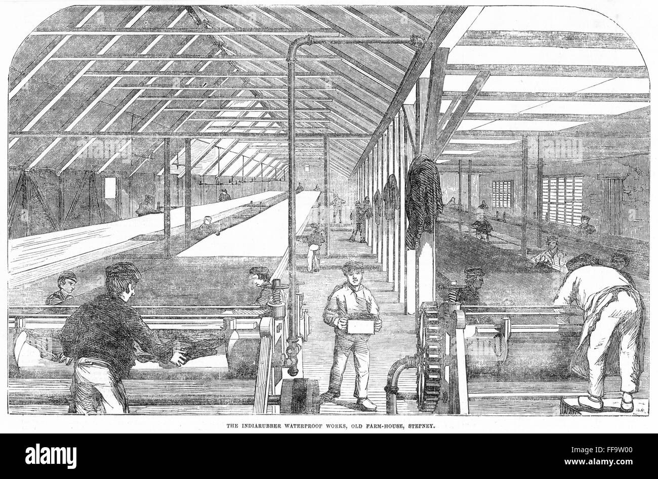 RUBBER FACTORY, 1855. /nThe Indiarubber Waterproof Works, Old Farm ...