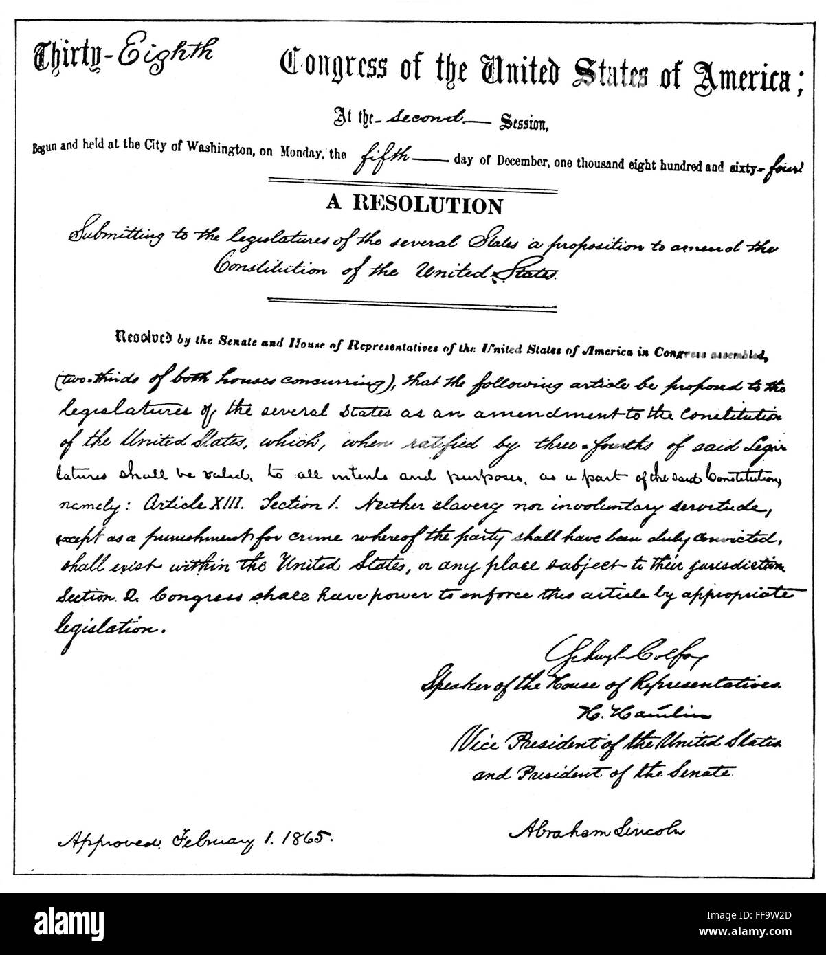 13th AMENDMENT, 1865. /nThe Congressional Resolution, approved by ...