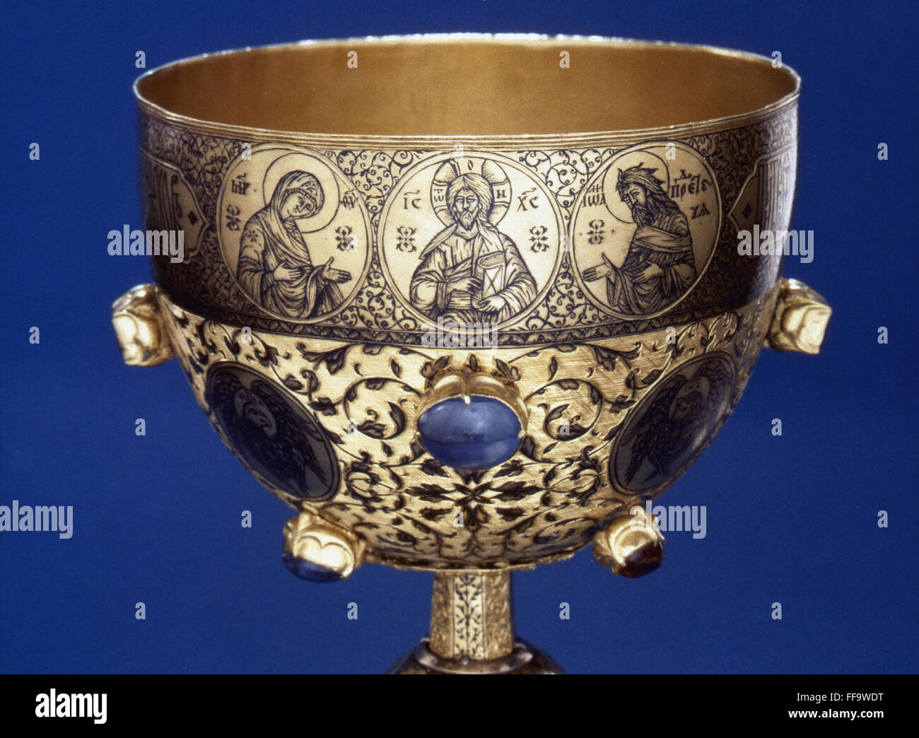 RUSSIAN GOLD CHALICE. /nDetail of Russian chalice of gold and precious ...