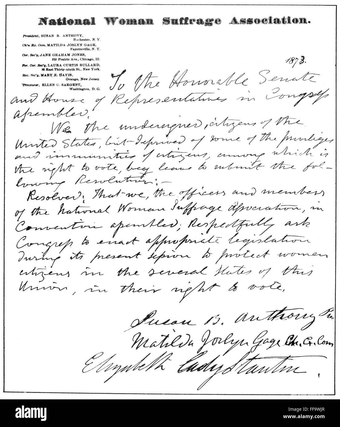 WOMEN'S RIGHTS MOVEMENT. /nPetition, signed by Susan B. Anthony and ...