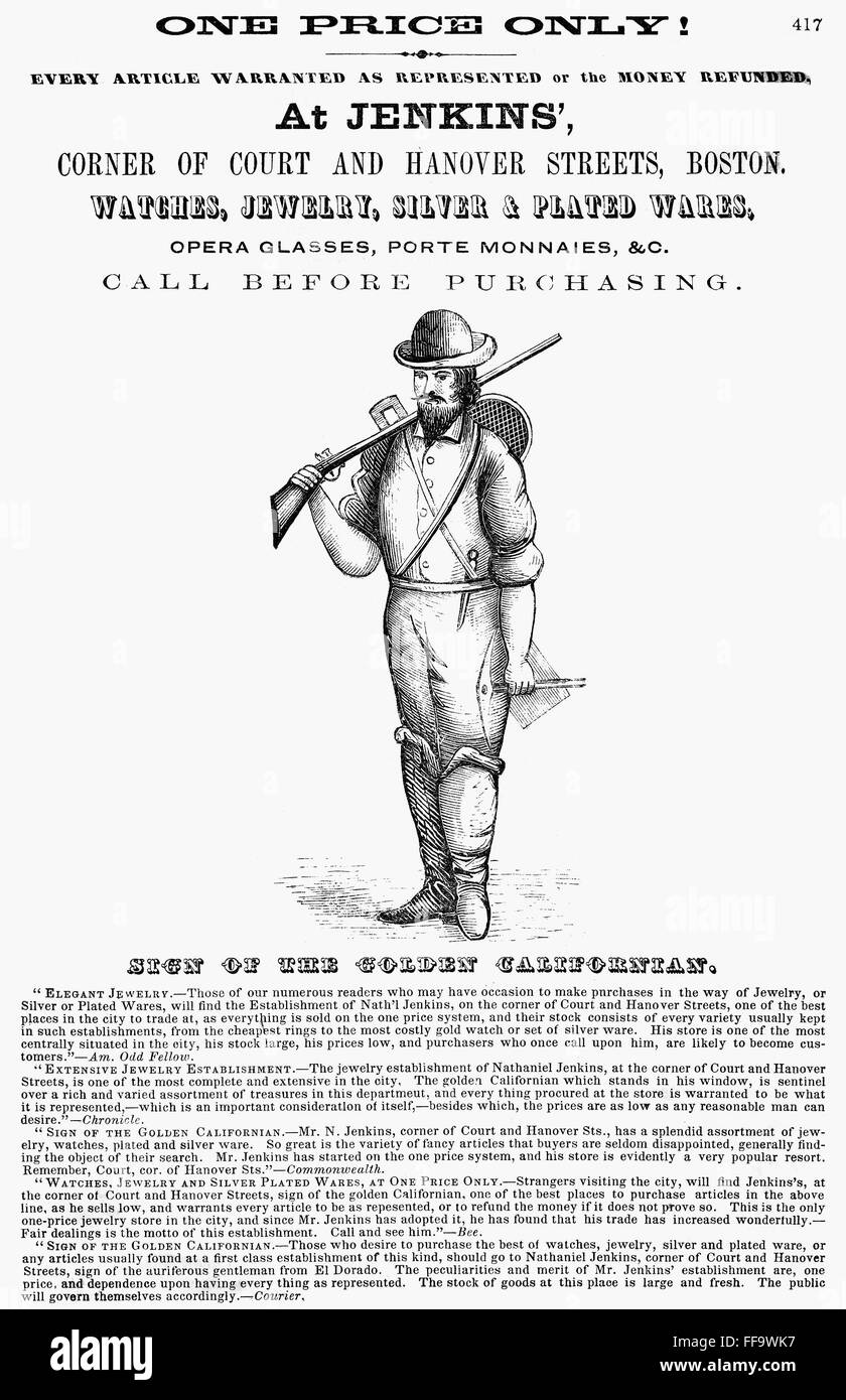 CALIFORNIA GOLD RUSH, 1855. /nAdvertisement for a Boston, Massachusetts ...