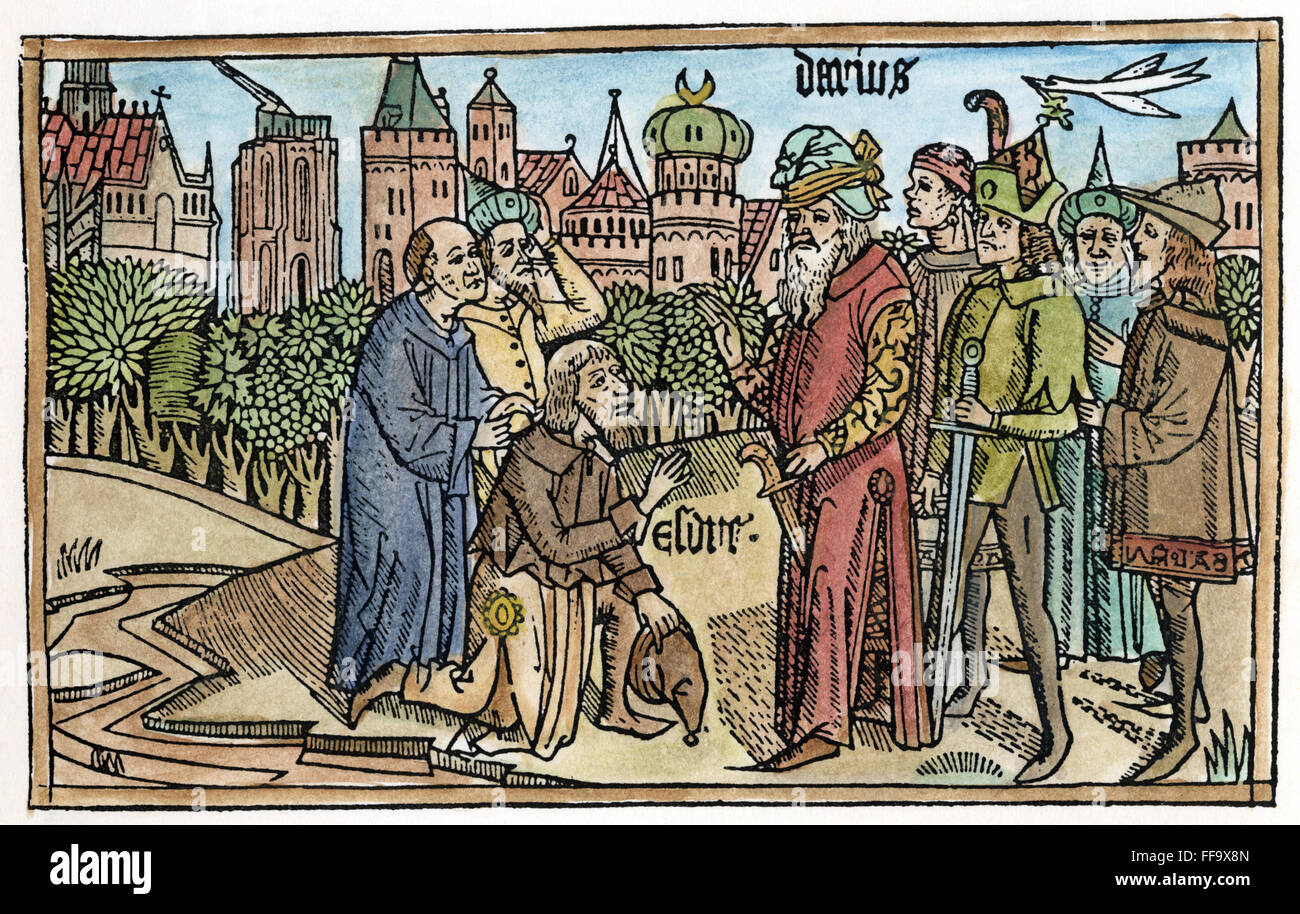 EZRA & DARIUS. /nEzra kneels before King Darius (Ezra vi). Woodcut from ...