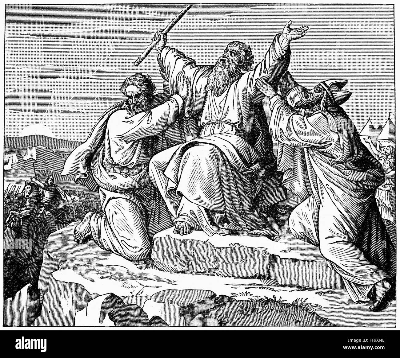 MOSES AND AMALEKITES. /nAaron and Hur hold up Moses' hands to ensure ...