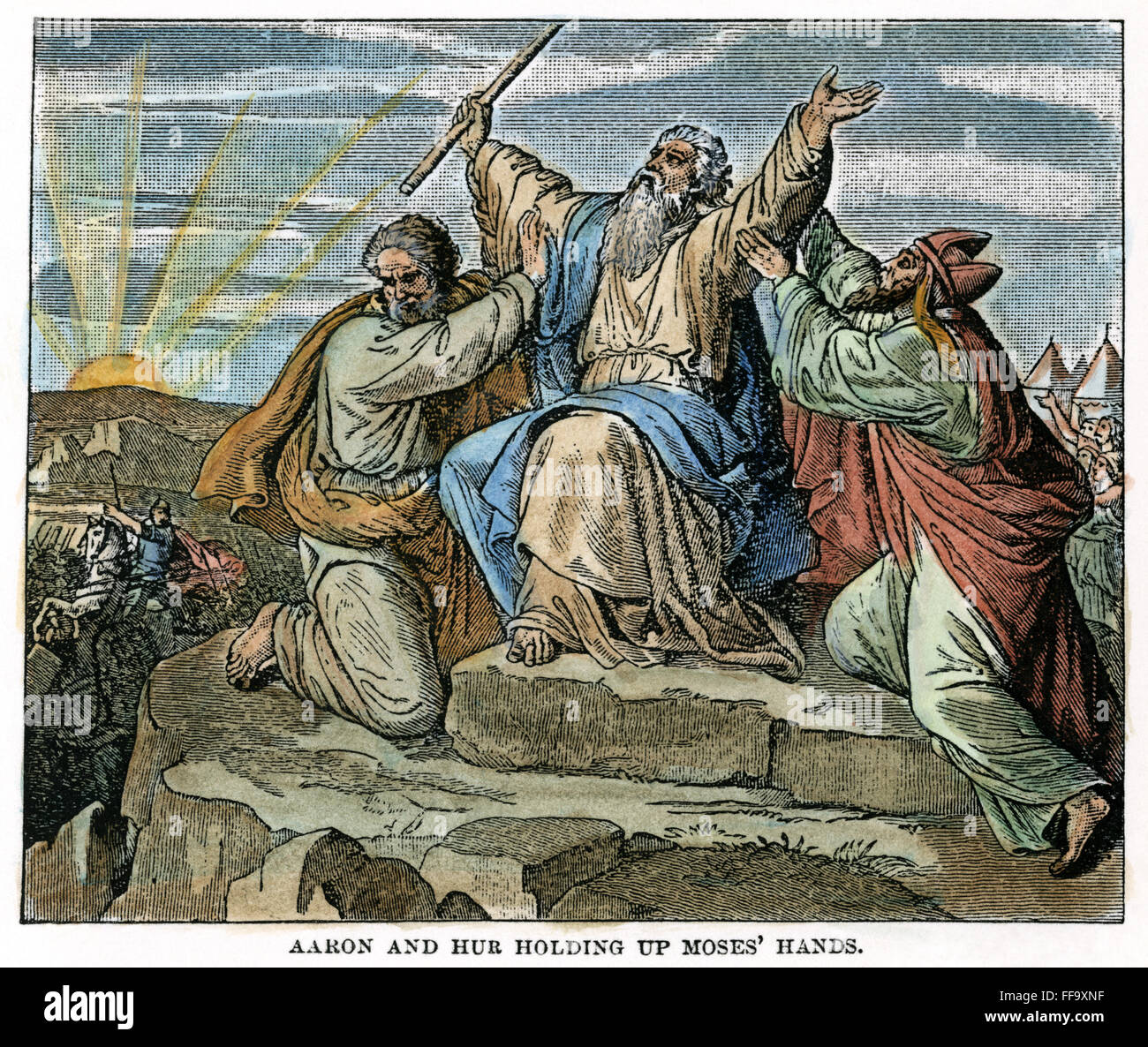 MOSES & AMALEKITES. /nAaron and Hur hold up Moses' hands to ensure ...