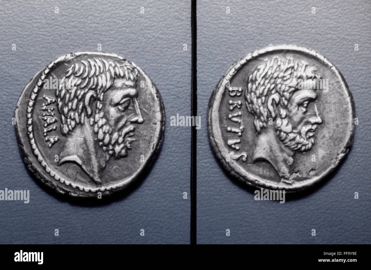 ROMAN COIN: JUNIUS BRUTUS. /nRoman silver denarius, 54 BC. Obverse left ...